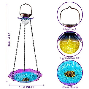 MAGGIFT Solar Powered Bird Bath for Outdoor Hanging, Wild Bird Feeder Glass Flower Seed Tray Outside, Waterproof Birdfeeders Solar Garden Crackle Glass Ball Light Warm White LED Landscape Lighting
