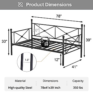 VECELO Twin Daybed with Headboard, Heavy-Duty Metal Slats Support, Sofa Bed Platform Mattress Foundation for Living Room, Guest Room, Easy Assembly, Black