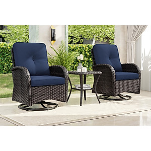 MeetLeisure Patio Swivel Glider Wicker Chairs - Outdoor Swivel Rocking Chairs Set of 2 with Wicker Side Table, Outdoor Swivel Rocker Chair Set 3 Piece Patio Furniture Set(Brown/Blue)