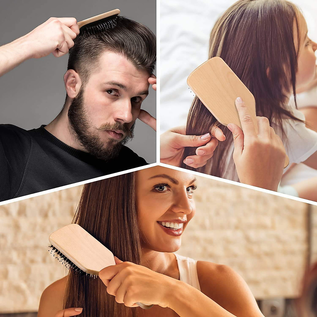 Hair Brush, 2 Pack Boar Bristle Paddle Hairbrush for Women Men Kids Reducing Frizzy, No More Tangle, Small Travel Brush Tail Comb & Giftbox Included