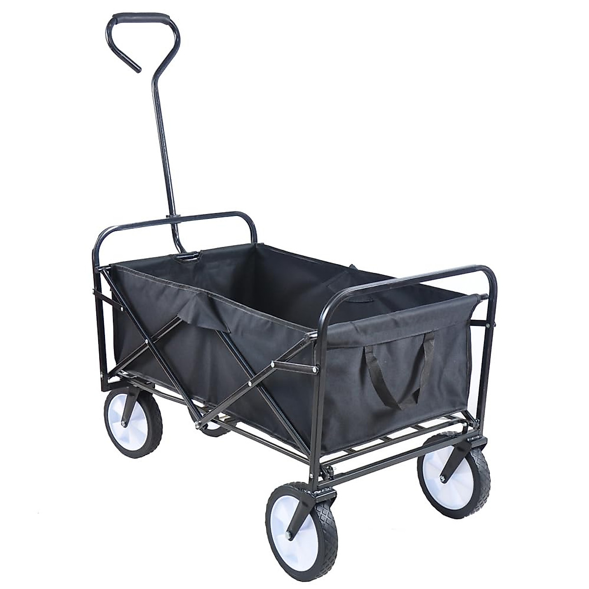 Folding Collapsible Wagon,Large Capacity Outdoor Wagons Carts Heavy Duty Foldable Utility with Big All-Terrain Wheels &2 Side Pocket for Camping,Sports, Garden Shopping Beach Cart(Black)