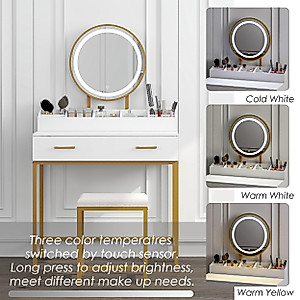 UTEX Makeup Vanity Desk with Mirror and Lights, Makeup Vanity Set with Drawers, Small Makeup Vanity Table, 3 Lighting Modes Dresser Desk and Cushioned Stool Set for Bedroom White and Gold