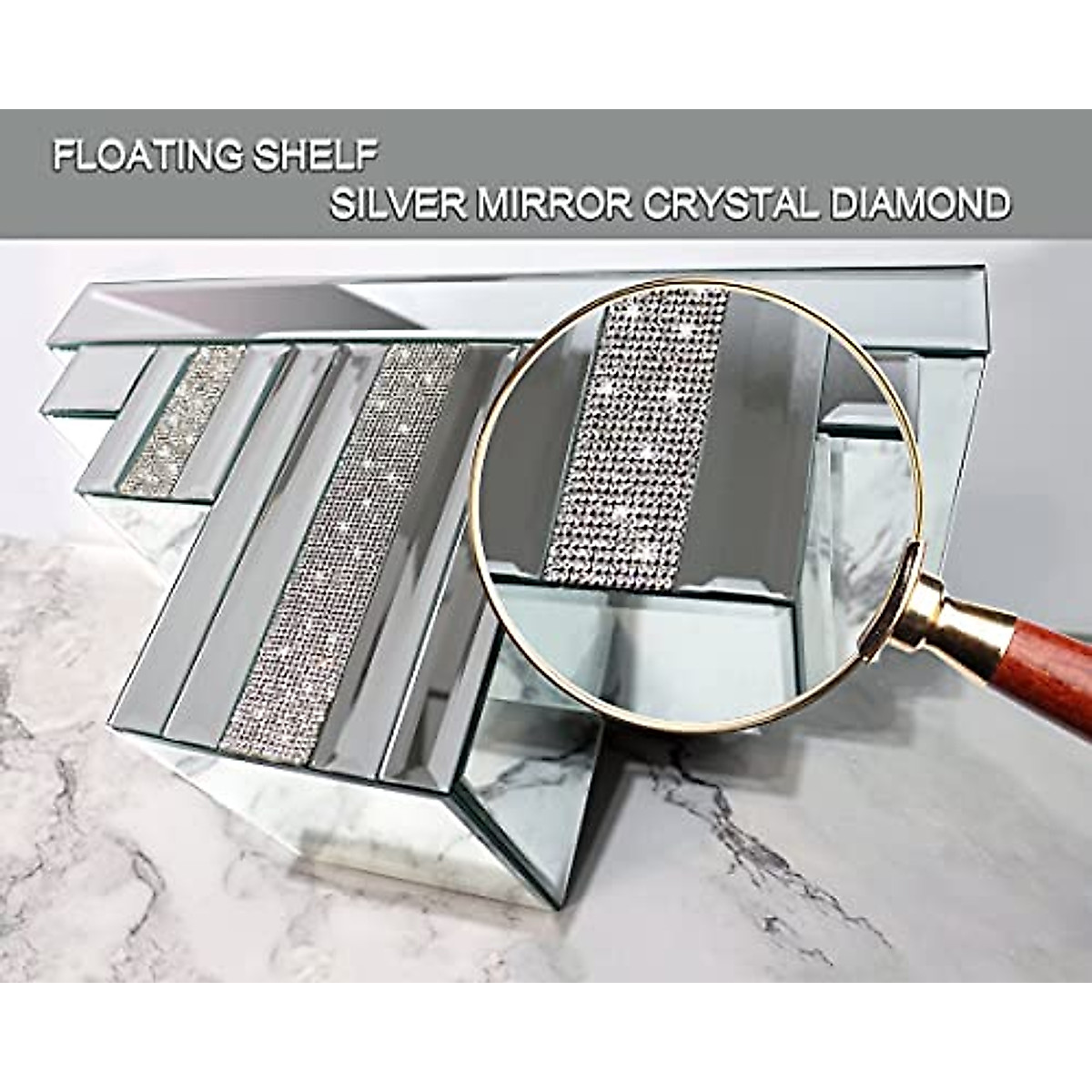 Floating Wall Shelf Mirrored, Silver Mirror Crushed Diamond Decorative Wall Shelf for Home Decoration Crystal Diamond Wall Art Décor Accent Piece Showcase, 16" L×6" W×8.5" H