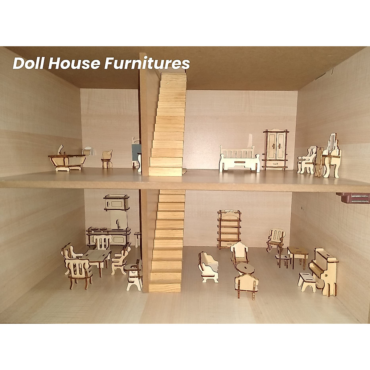 BOHS 34-Piece Dollhouse Furniture Set - Laser Cut Wooden 3D Puzzles - Miniature Doll House DIY Models and Accessories