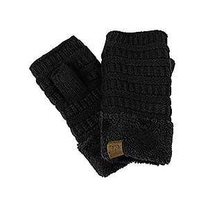 C.C Women's Warm Knit Fingerless Half Finger Fleece Lined Winter Gloves-Black