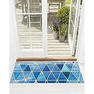 Welcome Mats, Blue Triangle Tile Pattern Door Mat, Non-Slip Absorbent Large 18x47 Inch Outdoor Indoor Mat Low-Profile Floor Mat Doormat for Entryway/Patio/Garage