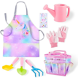 FIODAY Kids Gardening Set, Garden Tools for Kids with Watering Can, Shovel, Rake, Gloves, Waterproof Unicorn Apron with Pocket, Storage Bag and DIY Sticker Gardening Kit Gift for Girls