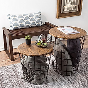 Lavish Home End Storage – Nesting Wire Basket Base and Wood Tops – Industrial Farmhouse Style Side Table, Set of 2 - Round Black, Brown