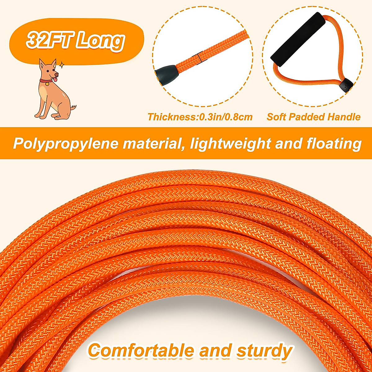 Vivifying Long Dog Leash, 32ft Floating Dog Training Leash, Check Cord Rope Leash with Comfortable Handle for Outside, Hiking, Swimming, Beach and Lake (Orange)