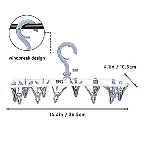 Clothes Drying Hanger with 12 Clips, 2 Pack Small Folding Portable Hanging Drying Rack,Drip Foldable Hanging Rack, 360° Rotatable Hook for Drying Towels Bras Baby Clothes Gloves Plastic