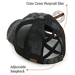 C.C Exclusives Washed Distressed Cotton Denim Criss-Cross Ponytail Hat Baseball Cap Bundle Hair Tie (BT-783) (A Elastic Band-Black/Camo)