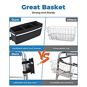ISSYAUTO Walker Basket, Strap Mount Walker Cup Drink Holder with Two Split Board, Foldable Walker Storage Bag, Best Gift for Family and Friends - Black (Not Fit Rollator Walkers)