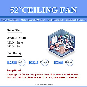 EKIZNSN 3 Blade Wood Ceiling Fans with Lights, 50'' Outdoor Indoor Ceiling Fan for Bedroom/Farmhouse/Patios, 3 Downrod Included