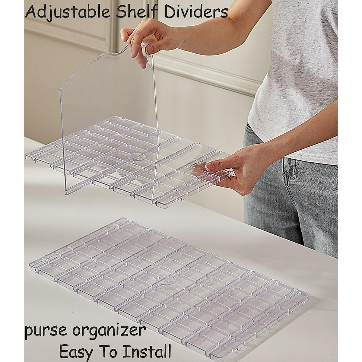 2 Pack Bag & Purse Organizer for Closet,Adjustable Clear Handbag Storage Shelf-Plastic Clutch Dividers|Keep Purses upright Closet,Dividers Divider Closet Organizer,Separators Bookshelf Separator