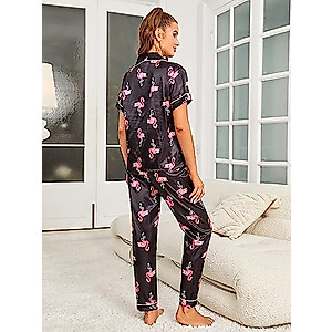 WDIRARA Women's 2 Piece Sleepwear Striped Satin Short Sleeve Shirt and Pants Pajama Set Animal Black M