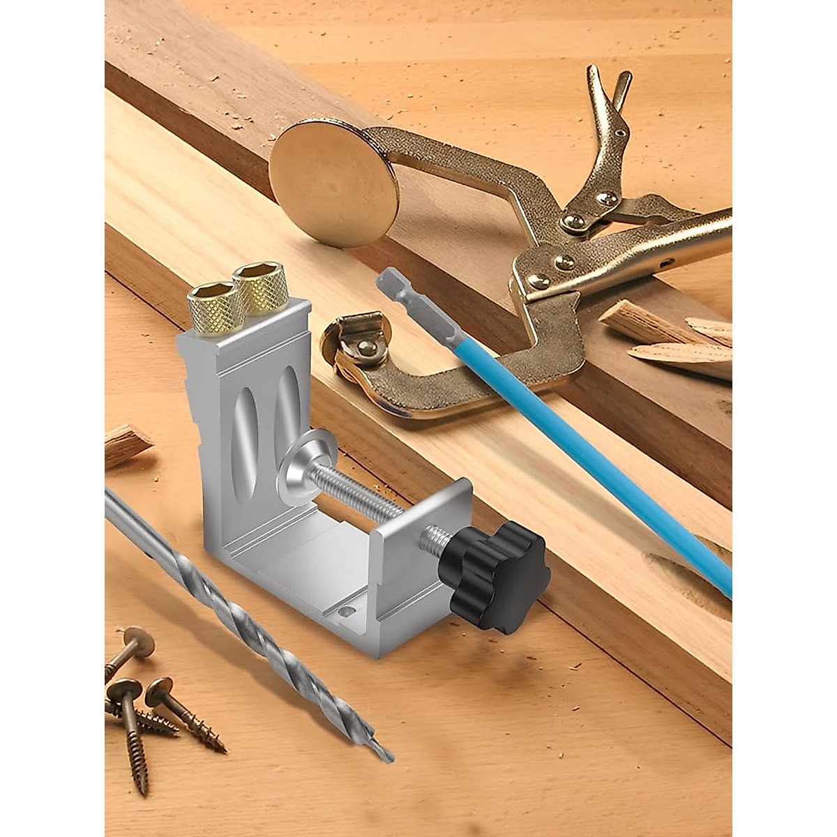 FUYGRCJ- Pocket Hole Jig Kit 15 Degree Angle Oblique Hole Puncher Locator High Precision Adjustable Woodworking Drill Guide Tool Kit for DIY Carpentry Projects