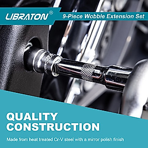 Libraton Wobble Extension Set 1/4'' 3/8'' 1/2'', Wobble Socket Extension, Extension Set, Wobble Socket Extension Set, Drive Socket Extension Bars 9PCs (Cr-V) with Chrome Plated in EVA Storage Tray