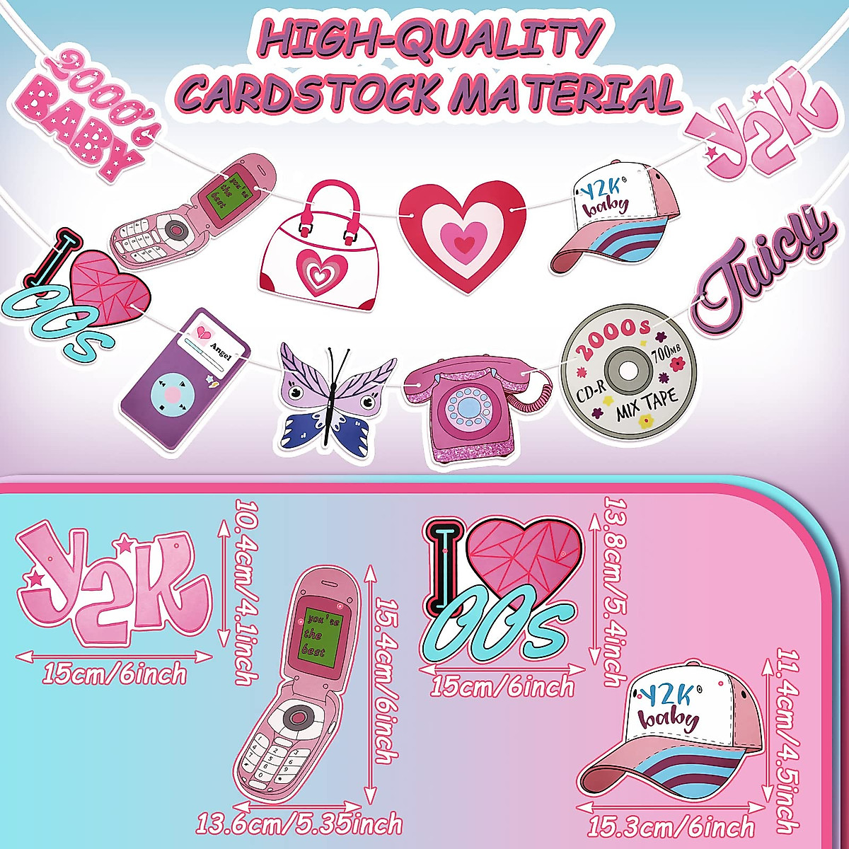 2 Sets Y2k Party Decorations Early 2000s Banner Y2k Theme Banner I Love 00's Hanging Banner 2000s Pink Throwback Party Decor for Girls Kids Female Birthday Party Favor Supplies, 12 Pieces