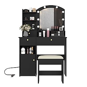 MISHAO Vanity Desk Set w/Mirror & Lights, Power Outlet, Makeup Vanity Table w/Stool, Storage Drawers & Open Shelves, 3 Color Modes & Adjustable Brightness Dressing Table for Bedroom, Black