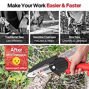 Mini Chainsaw, RLSOO Upgraded 4-Inch Battery Powered Cordless Chainsaw, Portable One-Handed Rechargeable Electric Chainsaw for Tree Trimming Branch Wood Cutting（2 Batteries, 3 Chains Included）