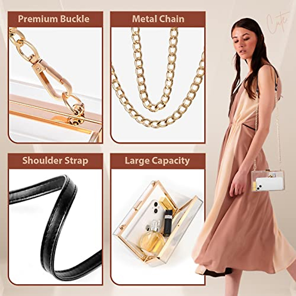 HULISEN Clear Clutch Purses for Women, Stadium Approved Acrylic Clear Bag Gold