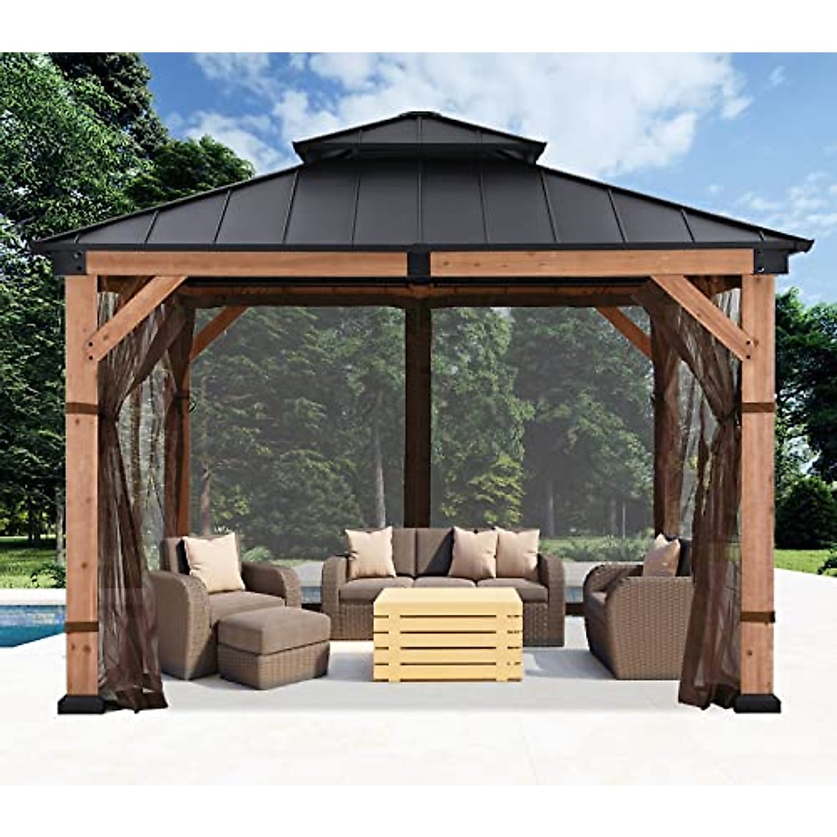 ABCCANOPY Universal Gazebo Netting Replacement 11x11 - Mosquito Netting for Gazebo and Pergolas Outdoor Mesh Netting Screen 4-Panel Sidewall Curtain with Double-Side Zippers (Brown)