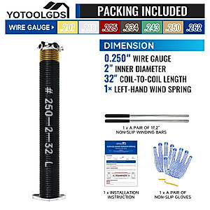 YoToolGDS Left Hand Wind（Black Cone）2" Garage Door Torsion Spring with Non-Slip Winding Bars & Gloves, High Precision Electrophoresis Black Coated, for Replacement, MIN 16,000 Cycles (0.250x2''x32'')