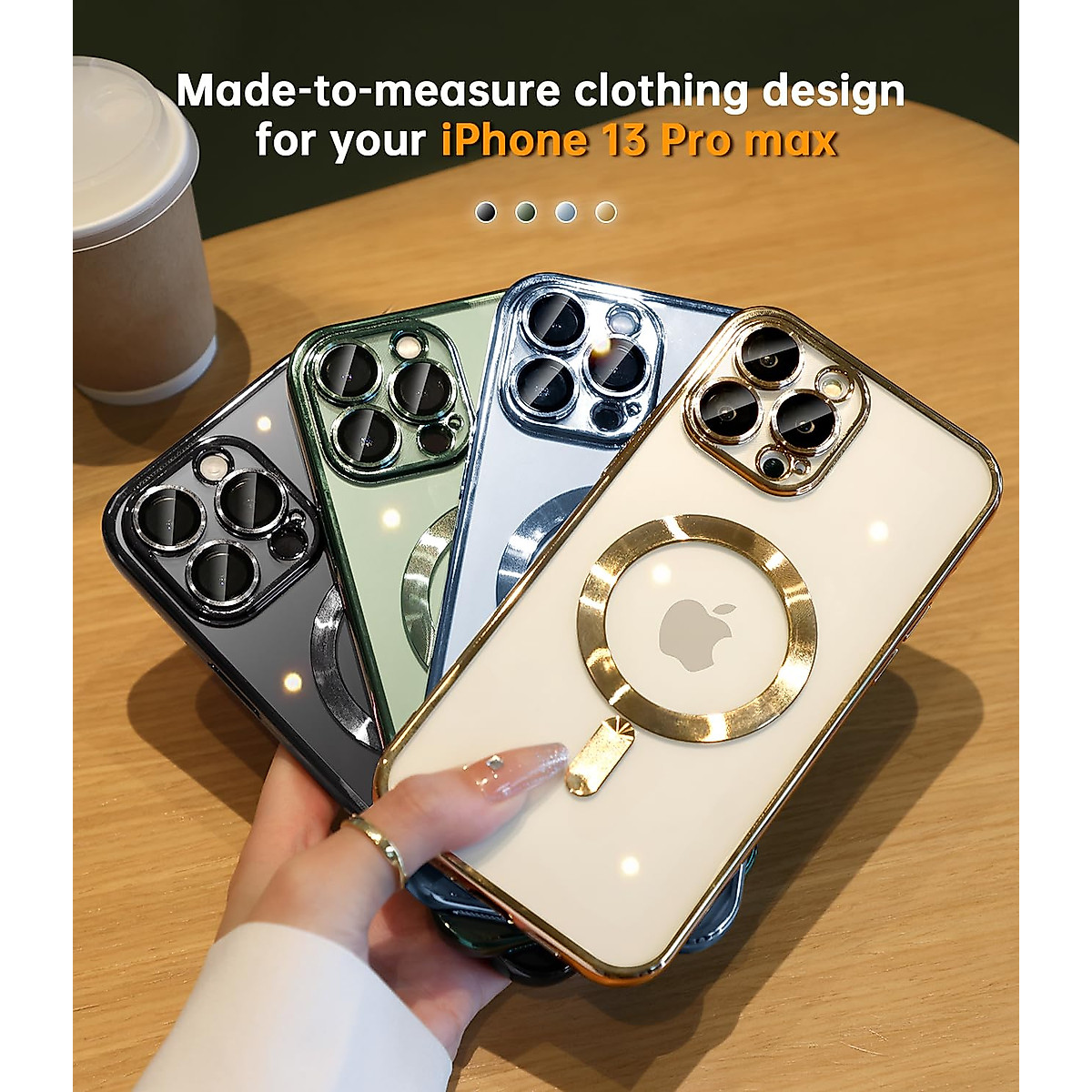 Waldeng for iPhone 13 Pro Max Case with Integrated Camera Lens Protection, [Seamless Work with Magsafe] [Metallic Glossy Soft Bumper], Diamond Clear Stylish Case for iPhone 13 Pro Max 6.7", Royal Gold