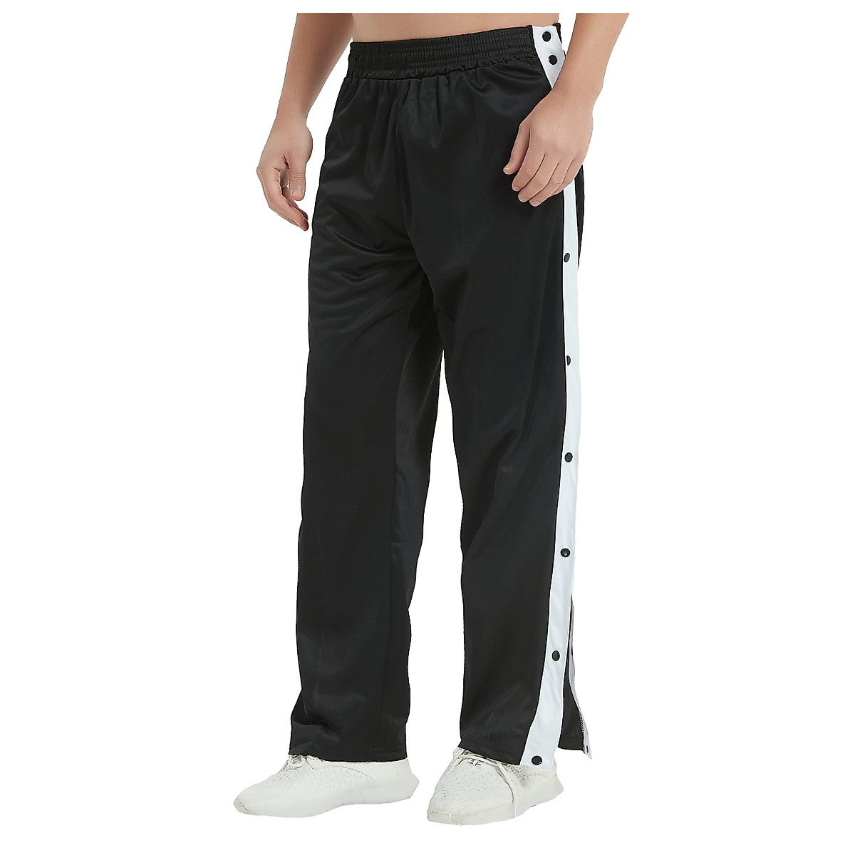 THWEI Mens Tear Away Basketball Pants Casual High Split Snap Button Post Surgery Sweatpants Black M