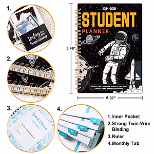 Student Planner 2024-2025 - Student Planner for Academic Year 2024-2025, July 2024 - June 2025, 8.46'' x 6.37'', Weekly & Monthly Pages with Holidays, Tabs, Stickers, Ruler, Pocket