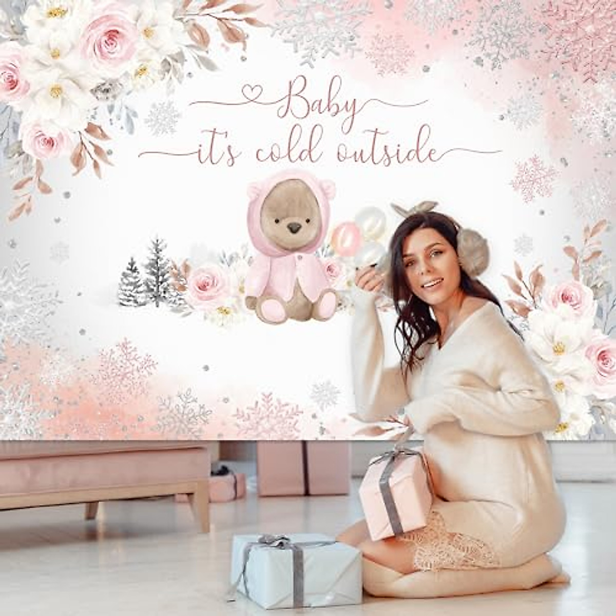 Avezano Winter Bear Baby Shower Backdrop for Girls Baby It's Cold Outside Party Decorations Photography Background We can Bearly Wait Pink Snowflakes Baby Shower Photoshoot (7x5ft)