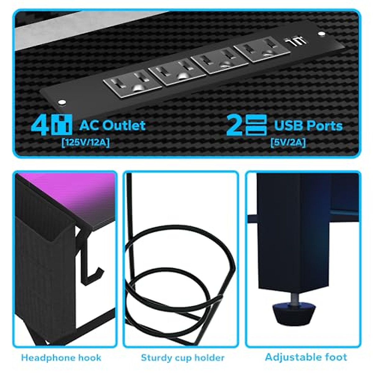 Fangflower L Shaped Computer LED Lights and Power Outlets, 51" Monitor Stand, Cup Holder, Corner Gaming Desk with Hooks for Home Office, Black