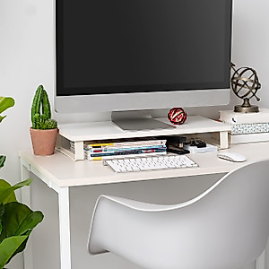 IRIS USA 2-Tier Long Multi-Purpose PC Monitor Organizer Stand, Stackable Ergonomic Desktop and Countertop Riser for Computer Laptop TV Shoes Kitchen Pantry and Closet Organization, White