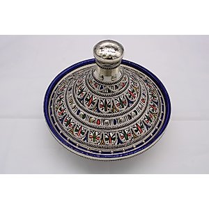 Moroccan Tagine. Unique Serving Tagine with Classic Silver Accent. Luxurious Handmade Dish Pot for Serving Food. Traditional Moroccan Culinary Experience, Made from High-Quality, Heat-Resistant Clay. Made for SERVING ONLY. (Blue and Green 12")