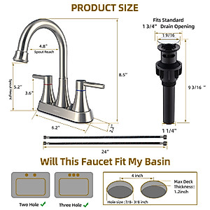 4 inch 2-Handle Centerset Faucets Bathroom Sink Faucet with Pop Up Drain,360 Swivel Spout,Stainless Steel Lead-Free Sink Faucet with 2 Water Supply Lines for Bathroom Sink 2-3 Holes (Brushed Nickel)