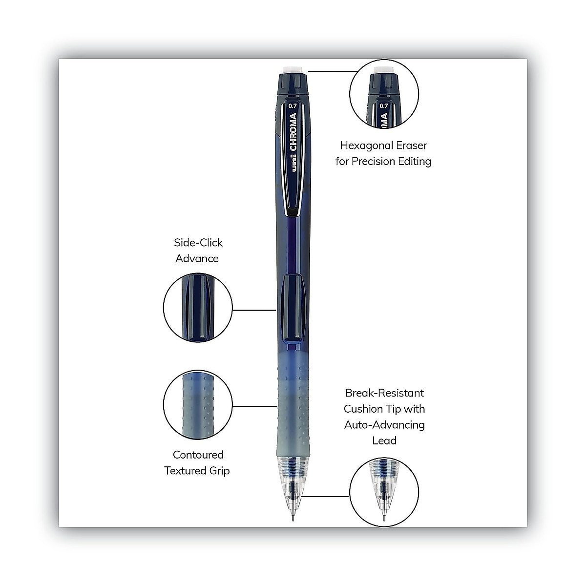 Uni-ball uniball Chroma Mechanical Pencil Woth Leasd and Eraser Refills, 0.7 Mm, Hb (#2), Black Lead, Assorted Barrel Colors, 4/Set