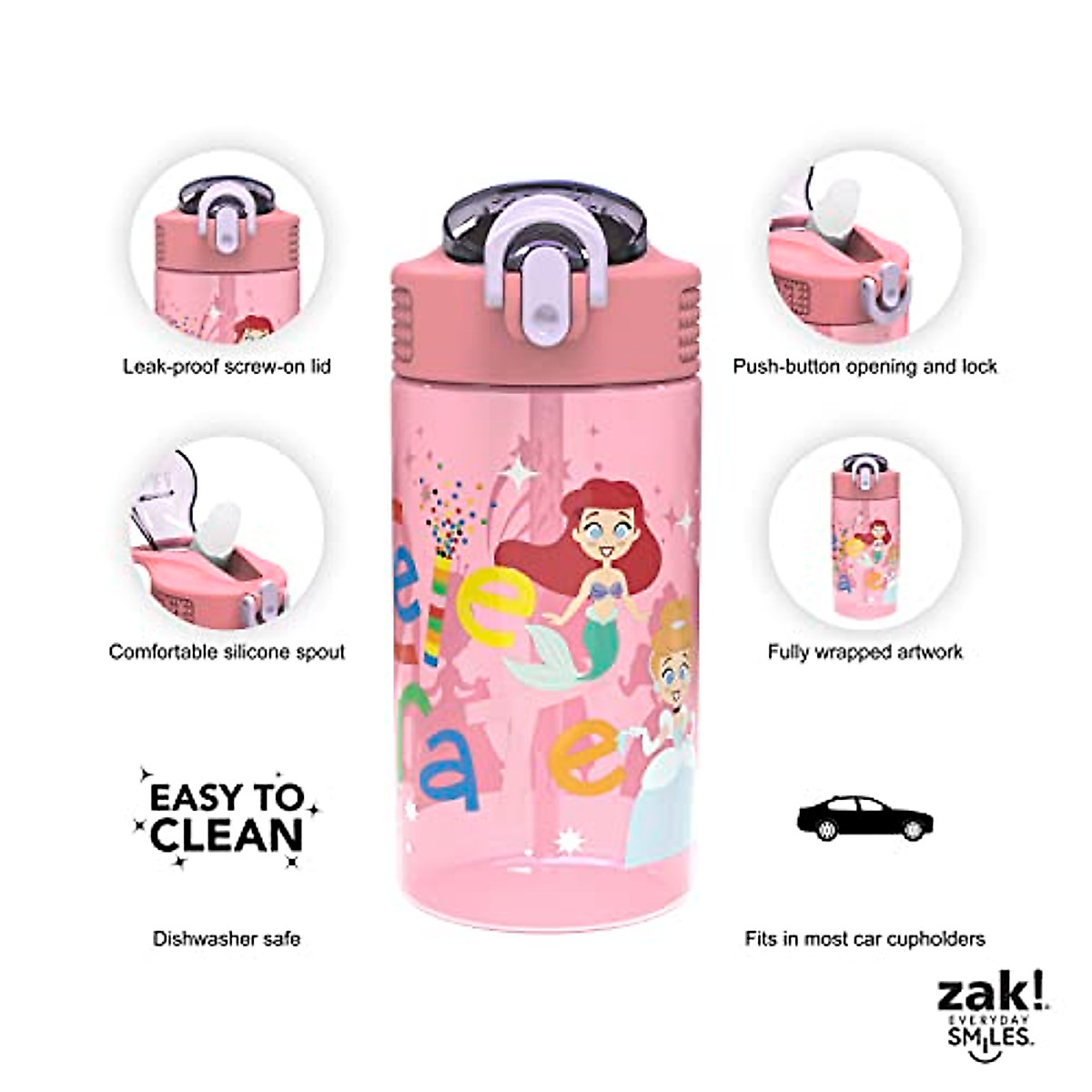 Zak Designs Kids Water Bottle For School or Travel, 16oz 2-Pack Durable Plastic Water Bottle With Straw, Handle, and Leak-Proof, Pop-Up Spout Cover (Disney 100 Princess, Limited Edition)