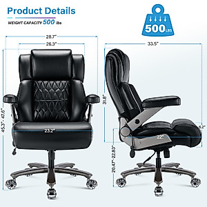 Big and Tall 500lbs Office Chair - Adjustable Lumbar Support 3D Flip Arms Heavy Duty Metal Base&Wheels, High Back Large Executive Computer Desk Chair, Thick Padded Ergonomic Design for Back Pain