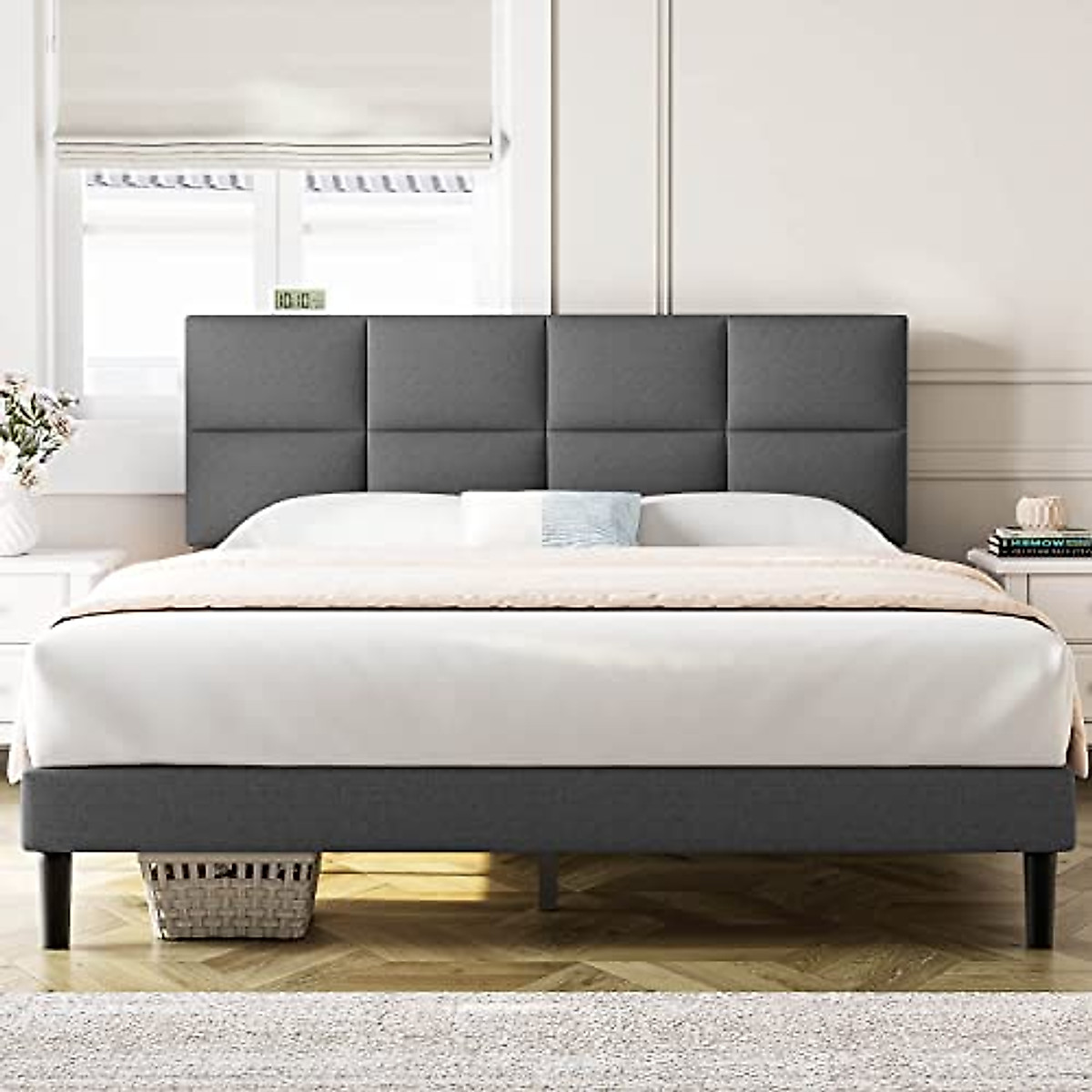Molblly Full Size Bed Frame Upholstered Platform with Headboard, Strong Frame and Wooden Slats Support, Linen Fabric Wrap, Non-Slip and Noise-Free,No Box Spring, Easy Assembly, Dark Grey