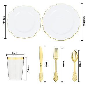 BUCLA 180 Gold Plastic Plates with Disposable Plastic Silverware include 30 Dinner Plates, 30 Salad Plates, 30 Forks, 30 Knives, 30 Spoons,30Cups for Wedding and Thanksgiving Party