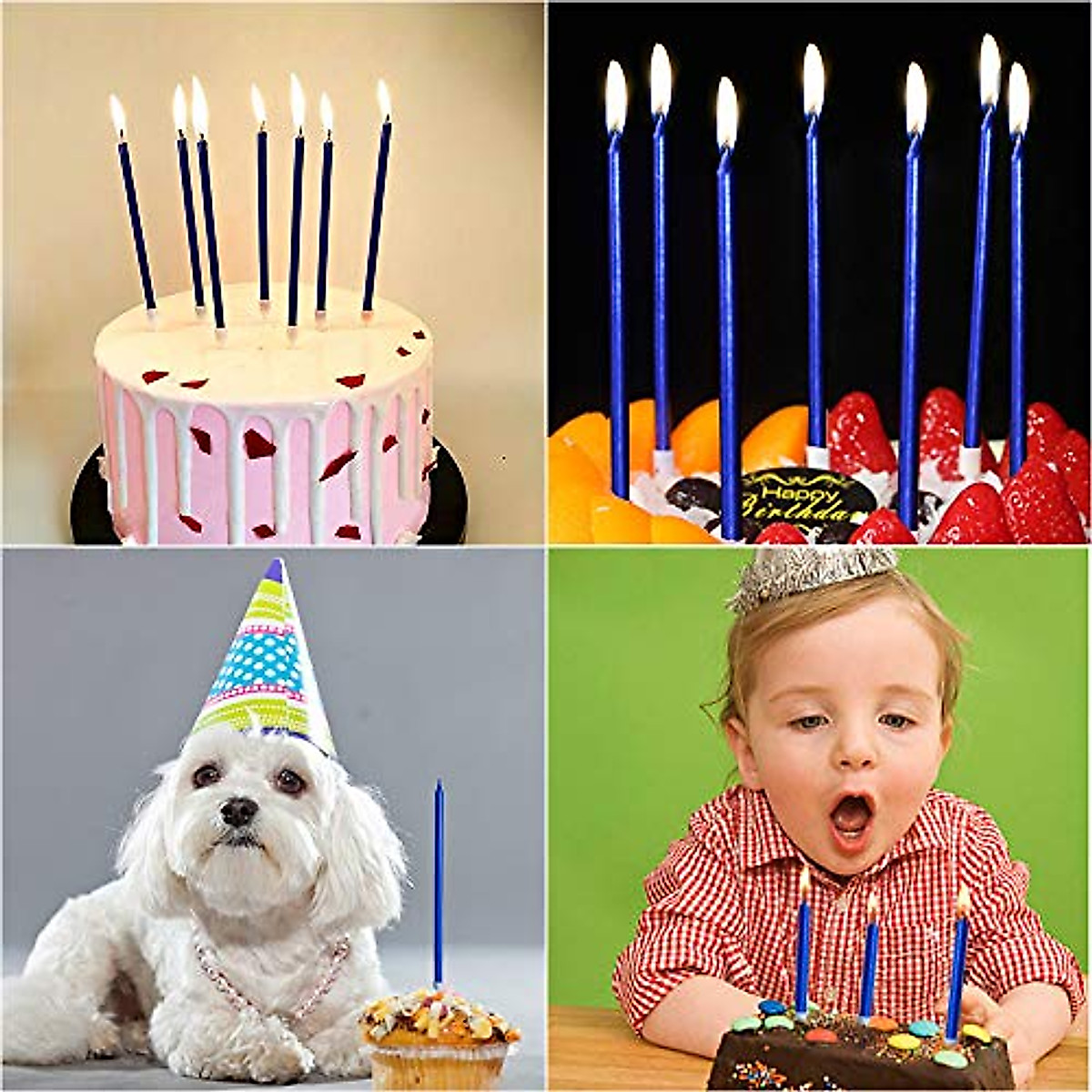12 Count Long Thin Blue Birthday Cake Candles in Holders for Birthday Wedding Party Cupcake Decorations Tall Candles