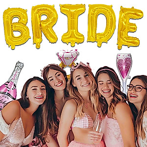 Bride Balloons Kit - 40 INCH Gold Bride Balloon + Champagne Bottle Balloon + Ring Balloon + Wine Balloon, Bridal Shower Balloons, Bachelorette Party Balloons, Bride To Be Balloons