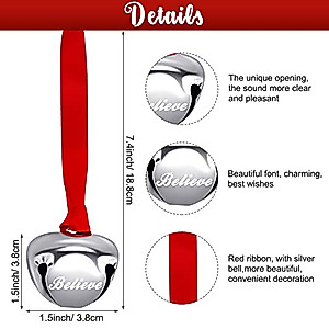 1.5 Inch Believe Bell Ornament Christmas Sleigh Bell with Red Ribbon Metal Christmas Bell Ornament for Christmas Tree Holiday Decoration (Silver, 12 Pieces)