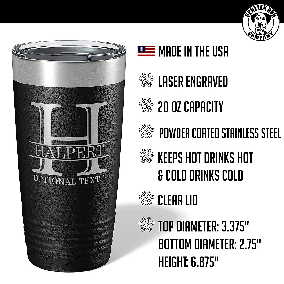 Personalized 20oz (17 Colors) Powder Coated Insulated Stainless Steel Tumbler with Lid, Custom Etched, Customized Engraved Gift Idea for Women Men Her Him, Halpert Monogram Initial Name (Black)