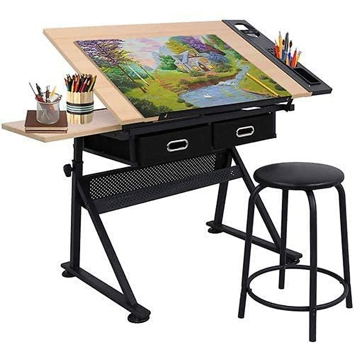 Saturnpower Drafting Table Height Angle Adjustable Drawing Table Tiltable Tabletop Art Craft Work Station w/Stool and 2 Storage Drawer Student Desk for Painting, Writing, and Art Craft Supplies