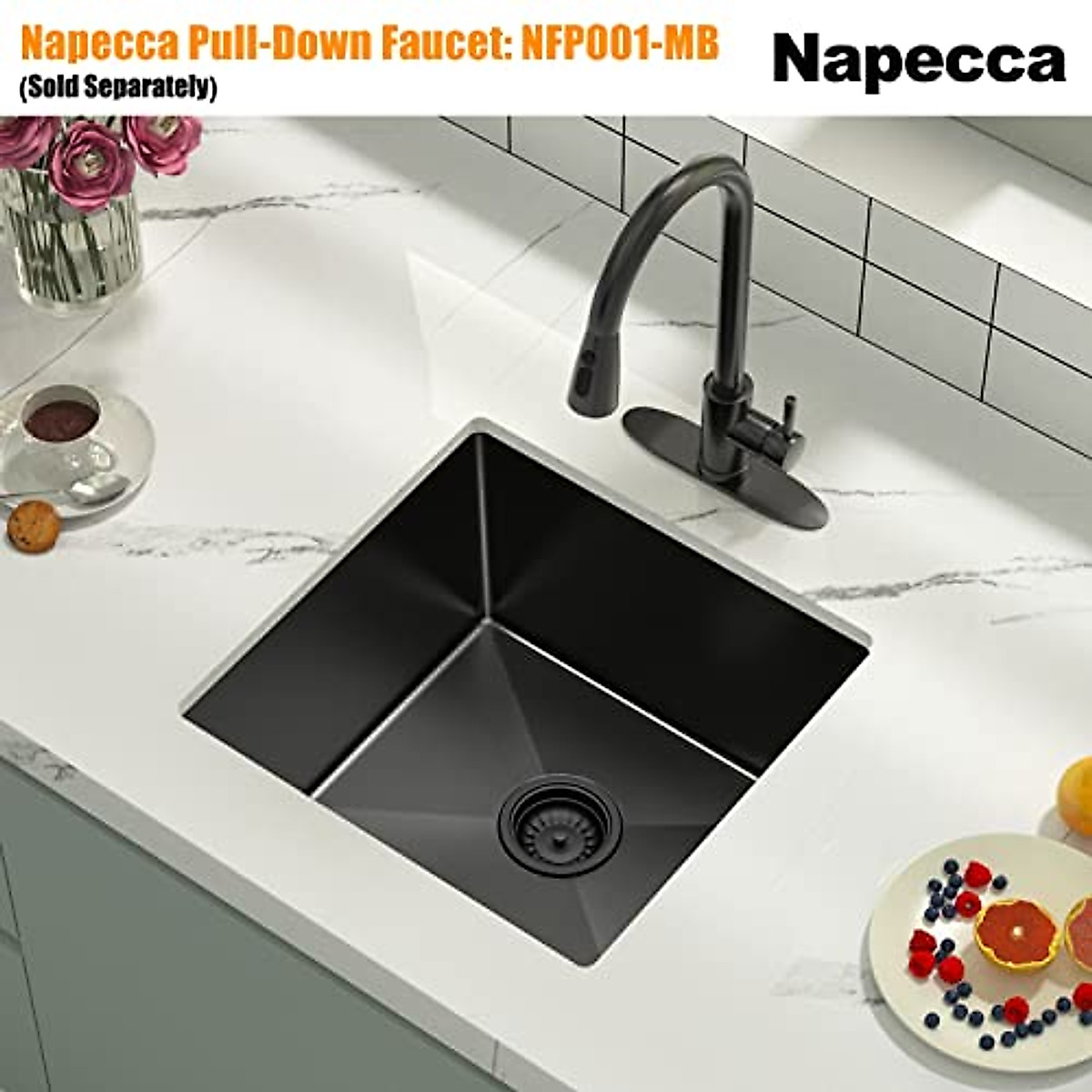 NAPECCA 17" Black Undermount Bar Sink - 17x17 Stainless Steel Square Single Bowl 18 Gauge, Gunmetal Black Small Kitchen Sinks, Nano Dark Grey Deep Modern Wet Bar/Island/Prep Sink with Accessories