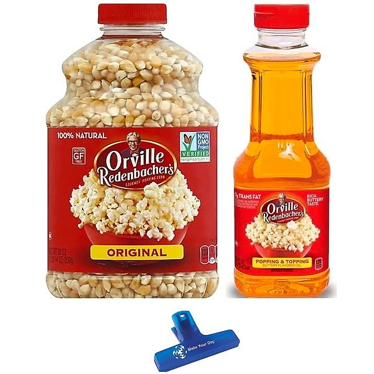 Orville Redenbacher's Gourmet Popping Corn, Original Pop Corn and Popping & Topping Buttery Flavored Oil (Pack of 2) - with Make Your Day Bag Clip
