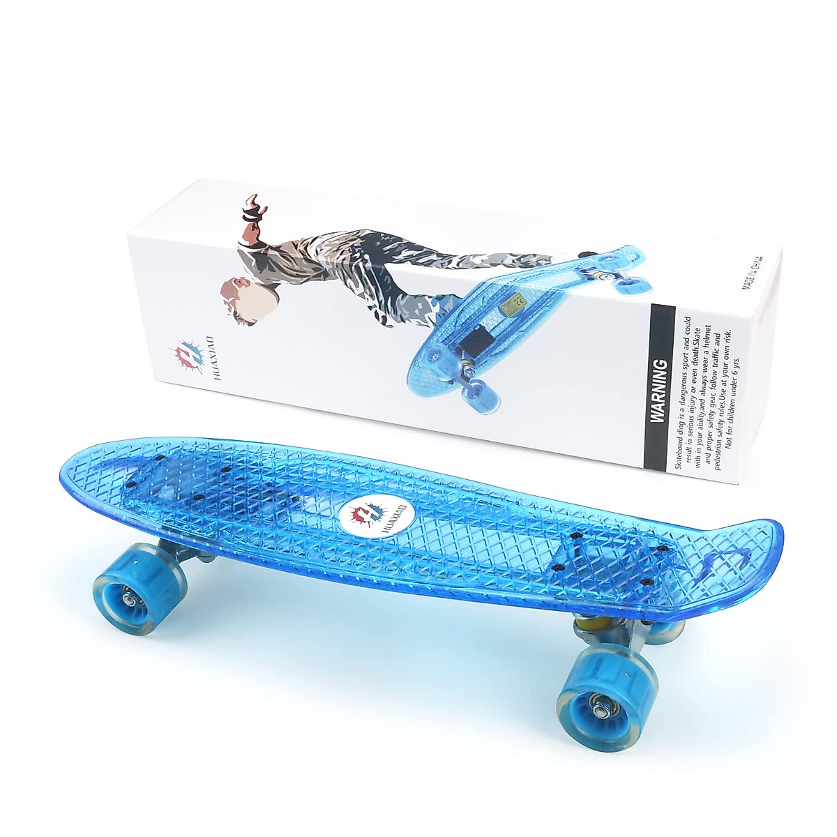HUAXIAO 22 Inch Skateboard- with Led Light Up Wheels for Beginners,Complete Mini Cruiser Retro Skateboard for Kid,Smooth Riding,Durable Polypropylene with Pu Wheels