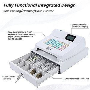 SHIOUCY Cash Register - Electronic POS System with 4 Bill 5 Coin,Removable Tray and Thermal Printer,48-Keys 8-Digital LED Display Multifunction for Small Businesses, White A