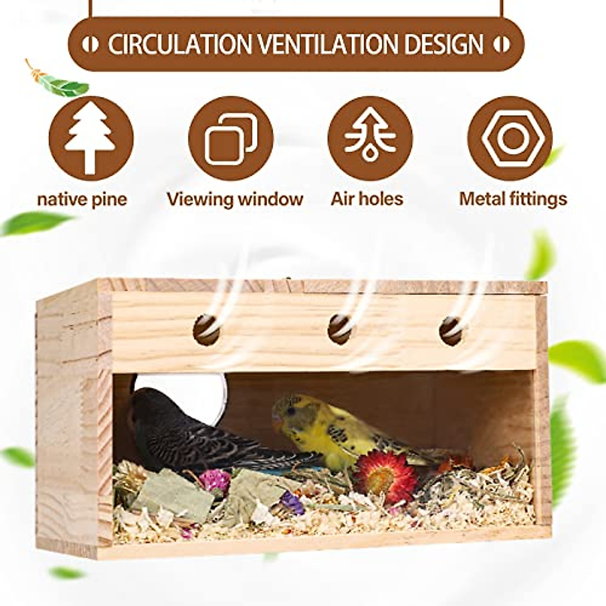 Parakeet Nesting Box Bird Breeding with Perch Wooden Bird House for Cage with Transparent Window for Small Birds Cockatiel Lovebirds(7.8Inch x 4.6Inch x 4.7Inch)